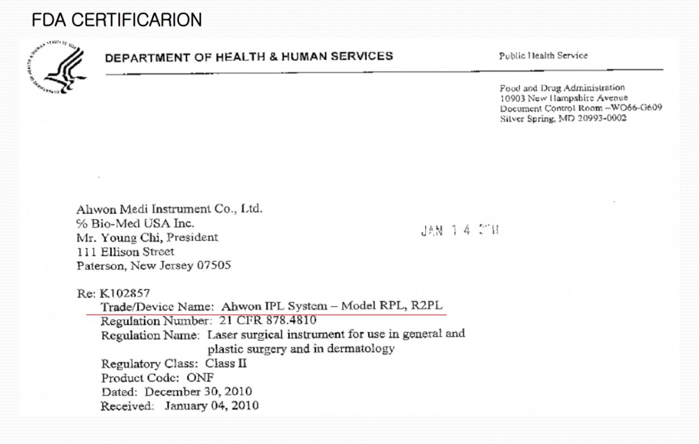FDA Certificate - La Compagnie des Lasers